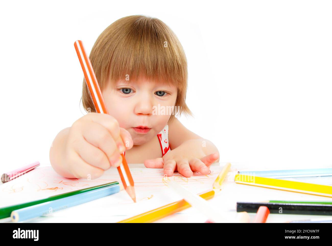 Little baby girl draws pencil Stock Photo - Alamy