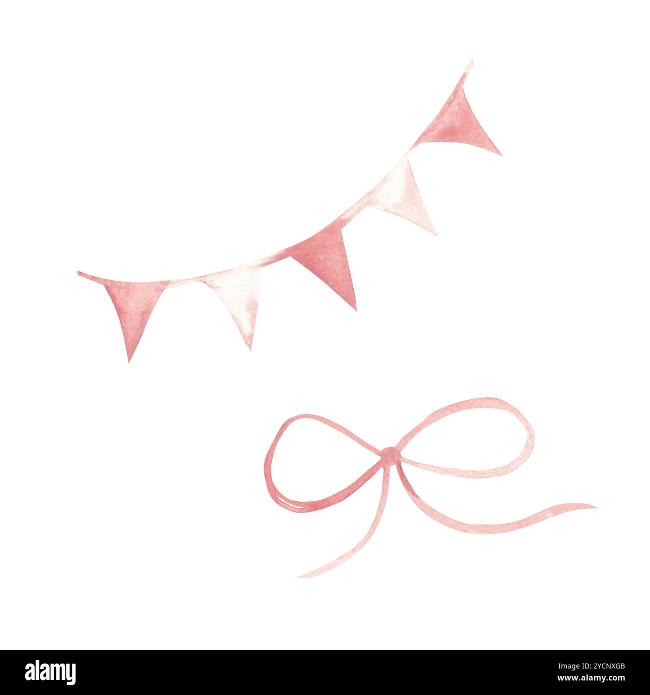 Party Flags and Bow Set. Hand drawn Watercolor illustration of Pink ...