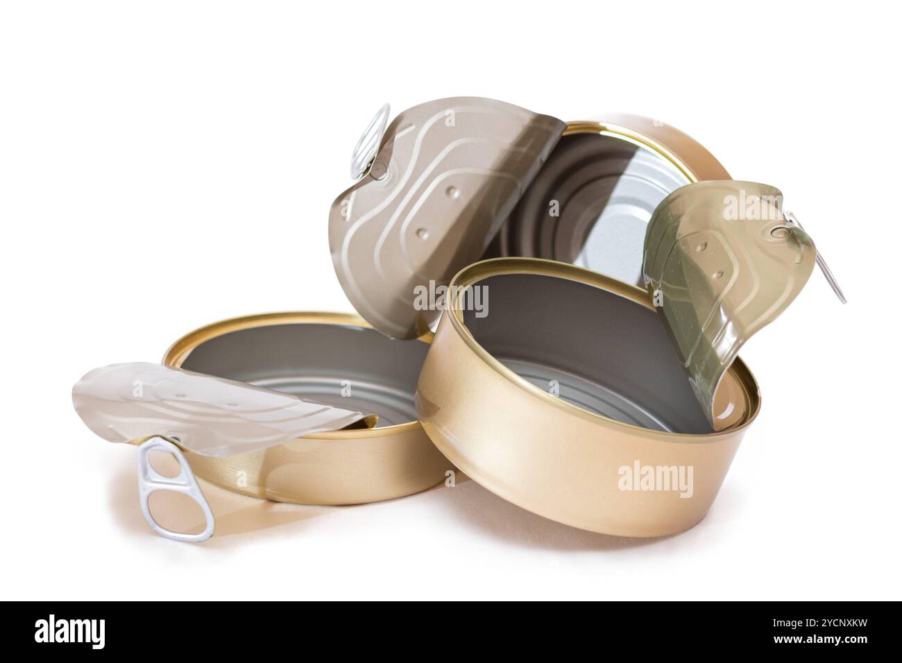 Three Opened Empty Tin Cans Isolated on White Background. Clean Used ...