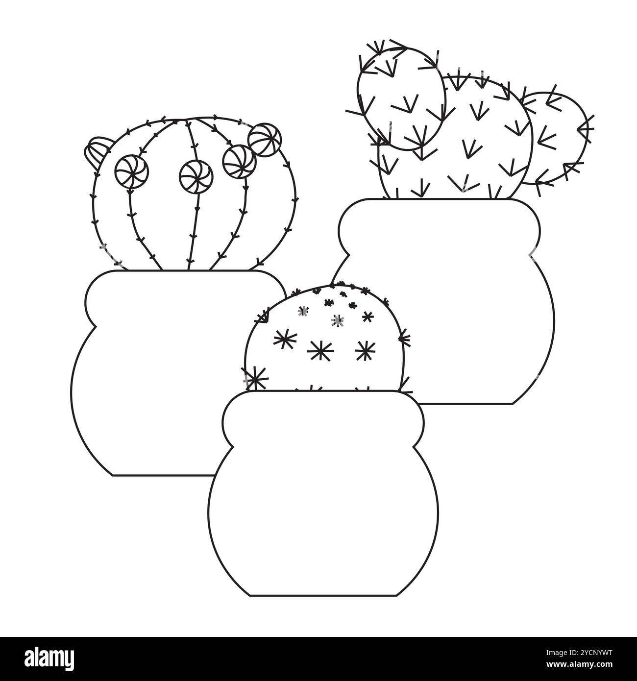Composition of three cute little cacti in pots, in doodle style. Vector illustration isolated on ...