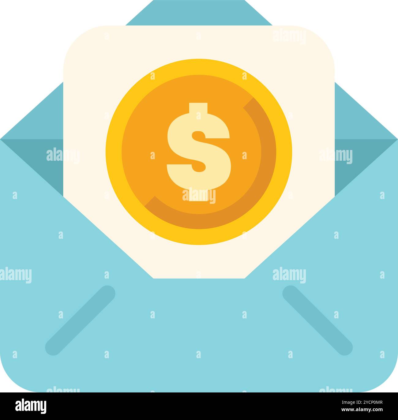 Open blue envelope containing gold coin with dollar sign representing ...