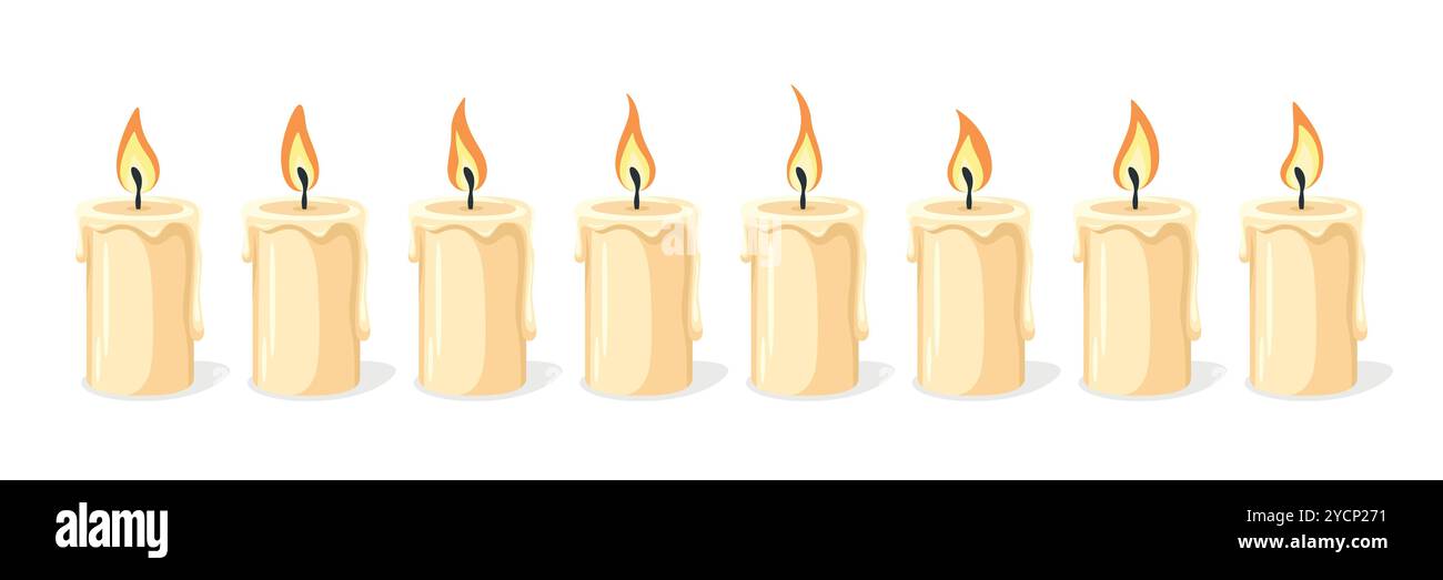Flat Yellow Candle Icon Set. Steps of Burning Candle Fire Icons. Moving Flame Effect. Christmas ...
