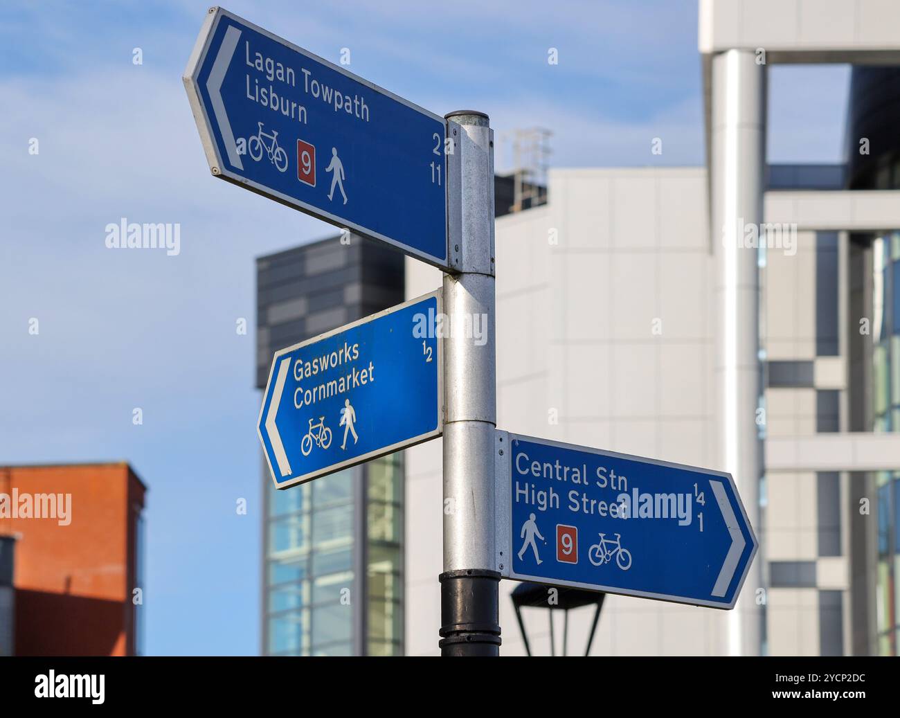 Blue information direction signs Belfast, cycle signs walking signs on ...