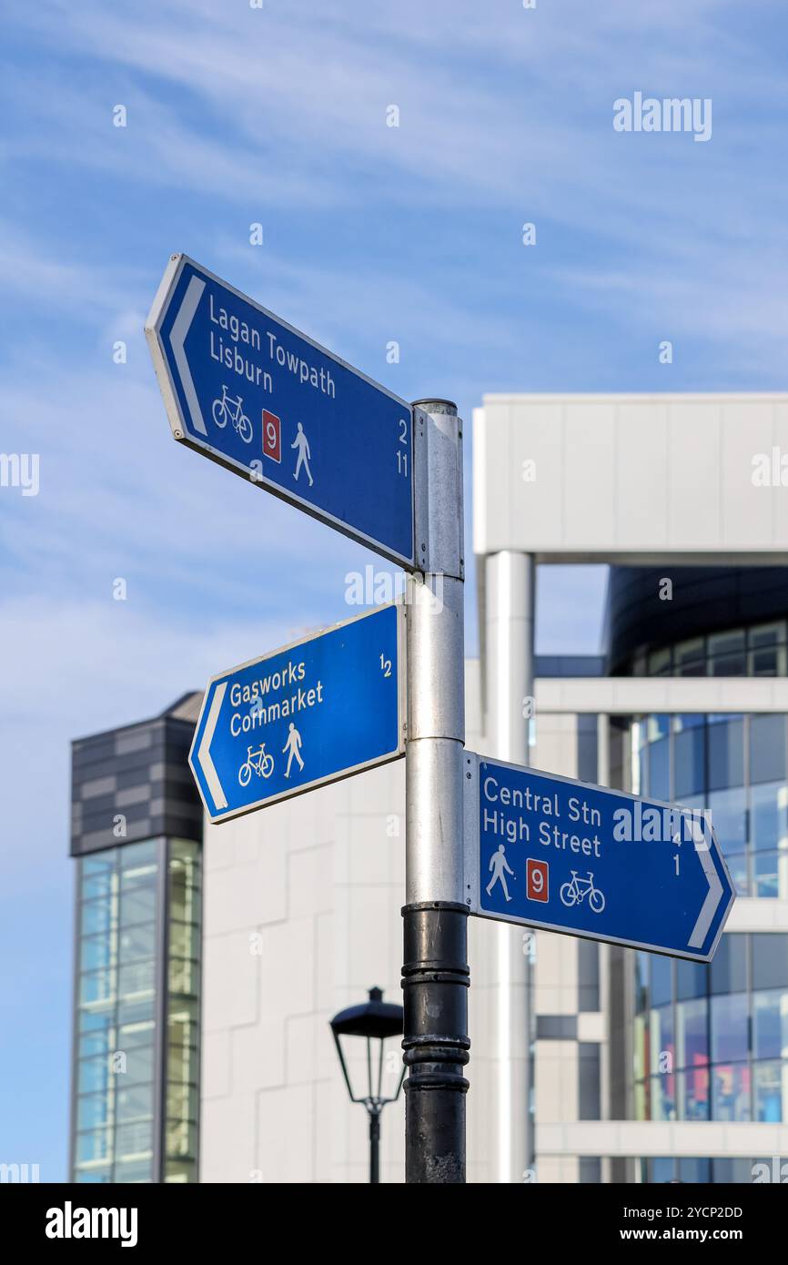 Blue information direction signs Belfast, cycle signs walking signs on ...