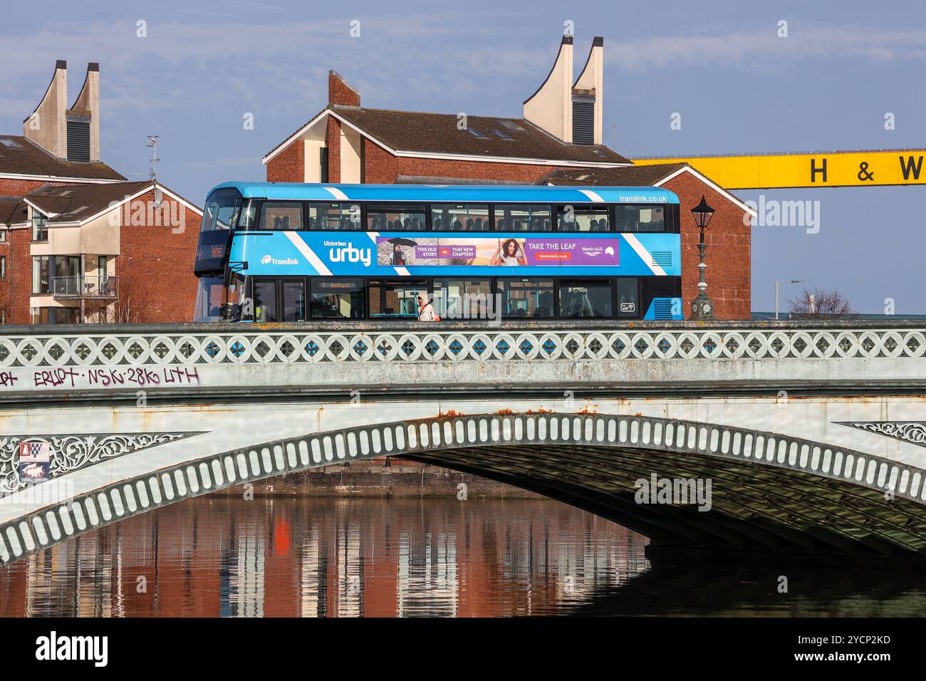Translink Ulsterbus Urby bus with passengers on bridge Belfast. Bus ...