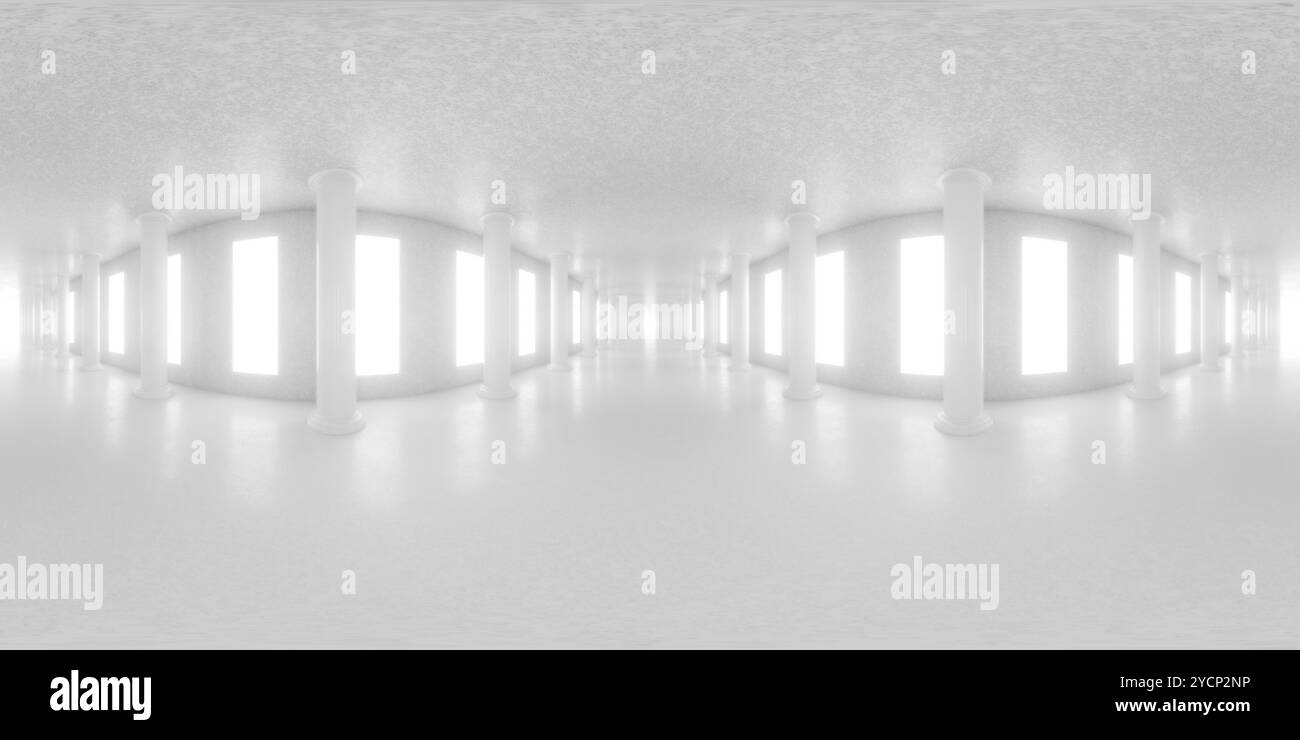 A panoramic view of a minimalist, white corridor with bright windows ...