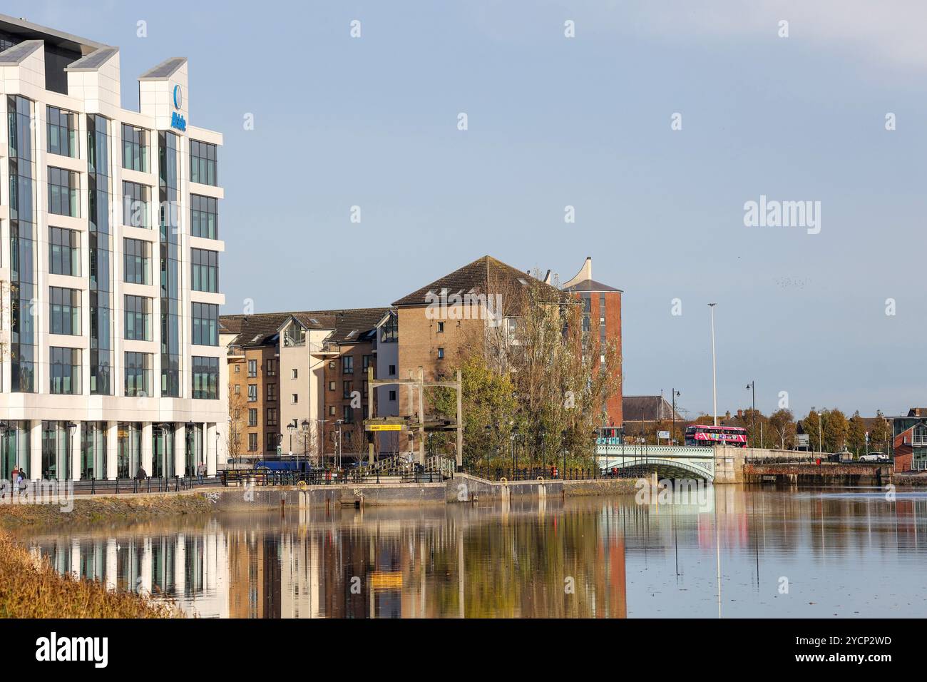 Belfast skyline St Georges Harbour River Lagan and Albert Bridge ...