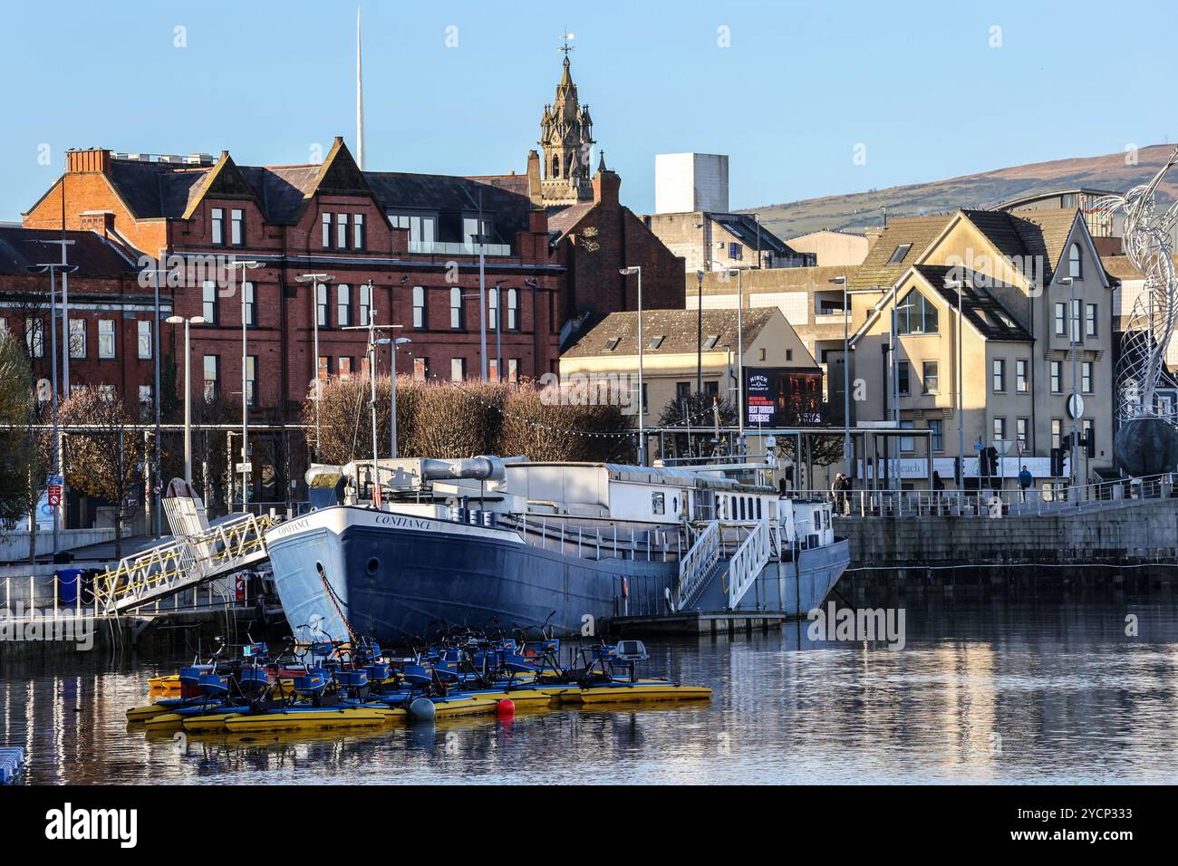 Laganside Belfast Confiance Barge and buildings beside the River Lagan ...