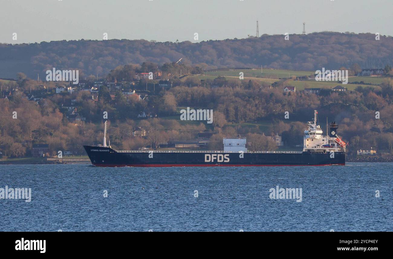 Cargo container ship Belfast Lough DFDS Lysbris Seaways sailing on ...