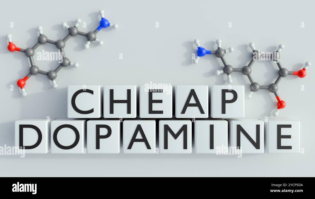 a 3D model of a dopamine molecule with the text "CHEAP DOPAMINE" , as a ...