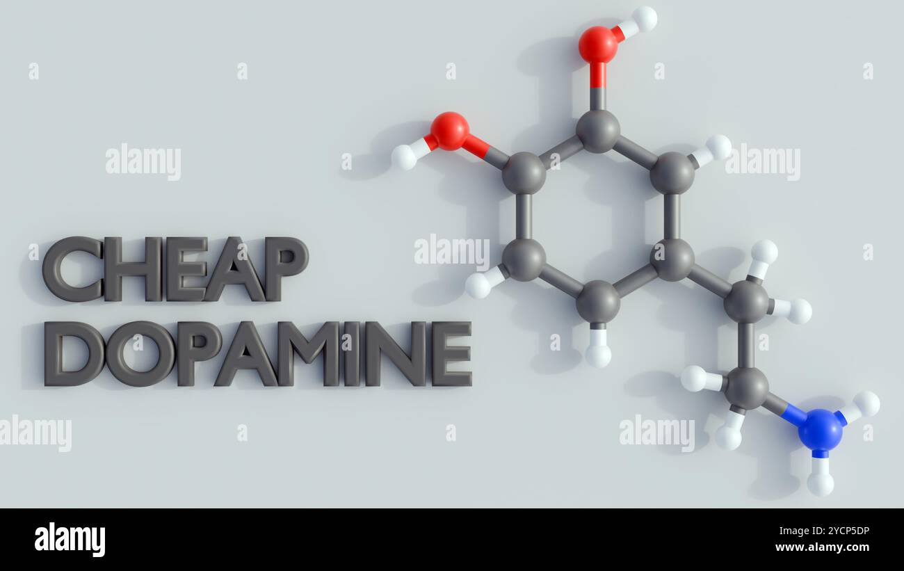 a 3D model of a dopamine molecule with the text "CHEAP DOPAMINE" , as a ...