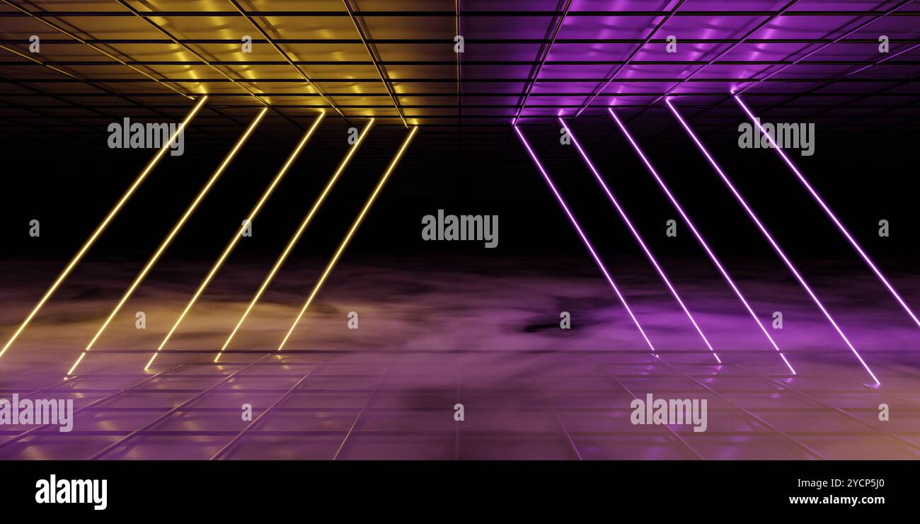 A futuristic scene featuring a dark space with a reflective floor ...