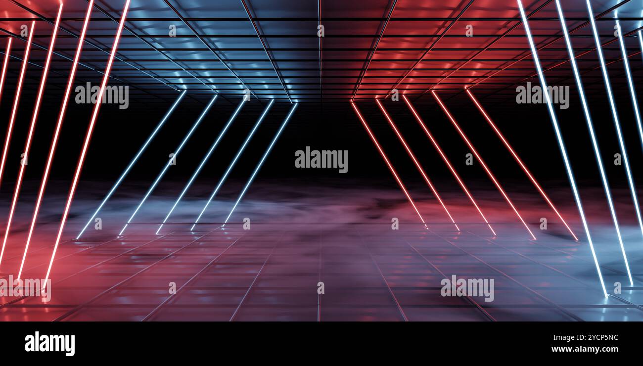 A futuristic scene featuring a dark room with a reflective floor. Neon ...