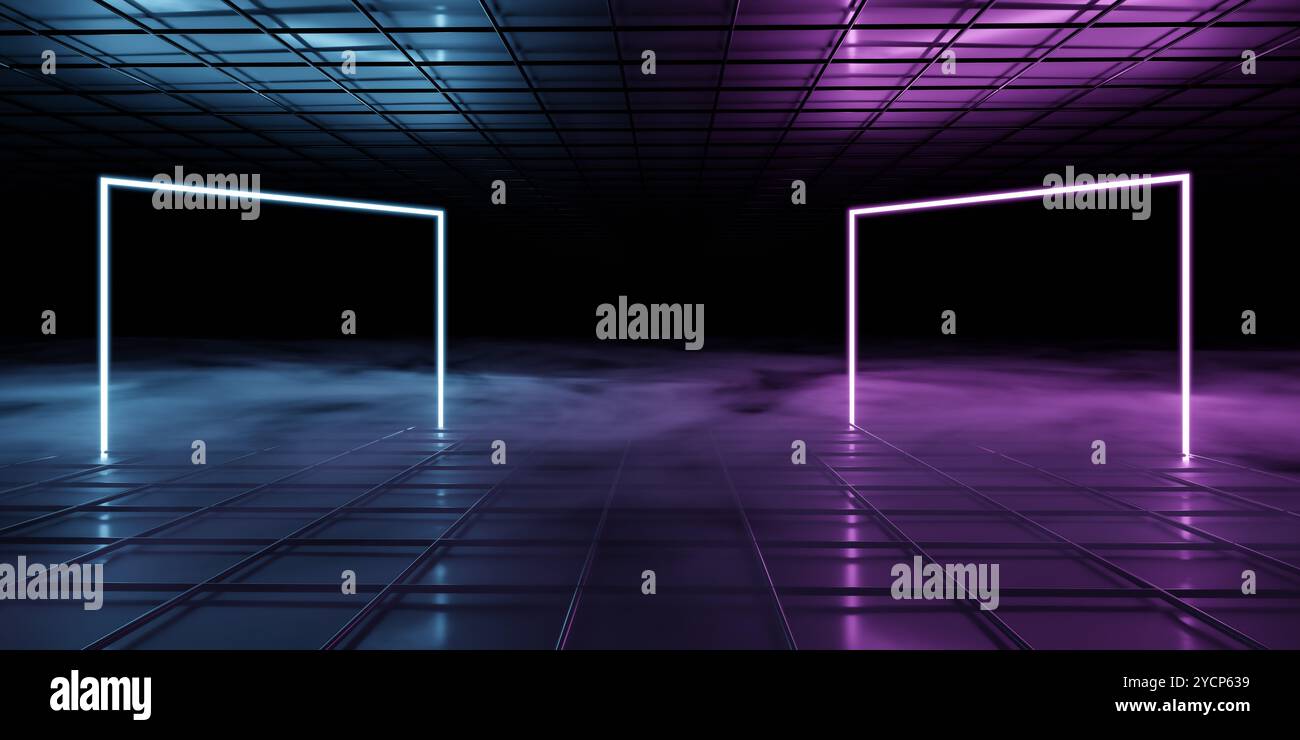 A futuristic scene featuring two glowing rectangular frames in blue and ...