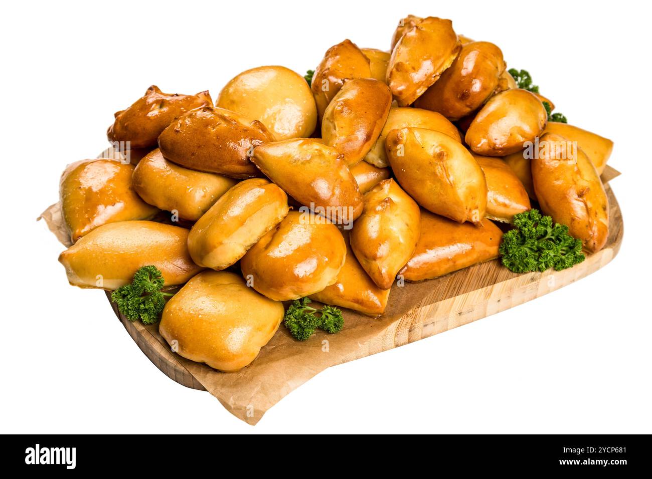 Many pots round and oval form on paper and wooden board on white ...