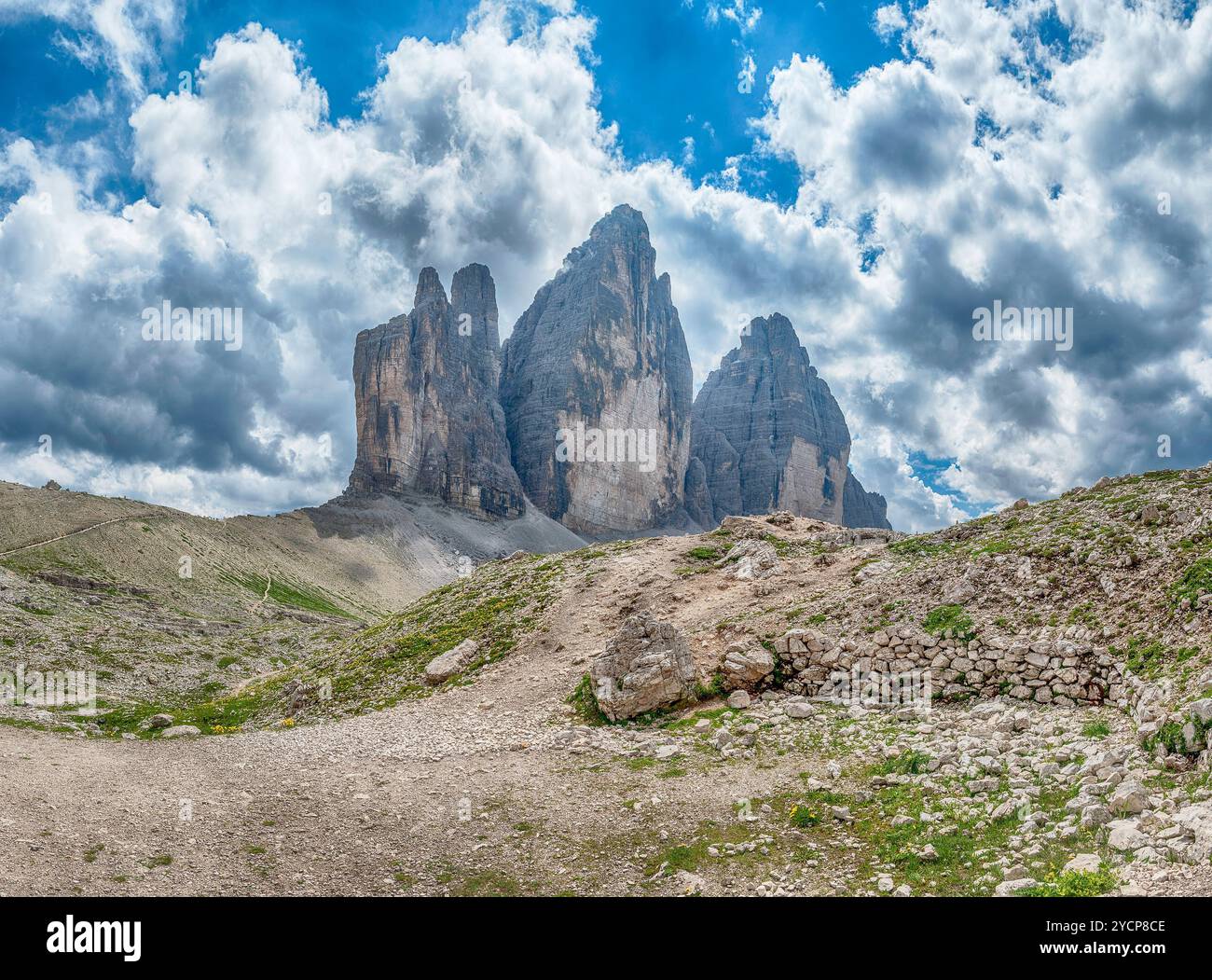 Hiking trail is leading to the Tre Cime di Lavaredo, three distinctive ...