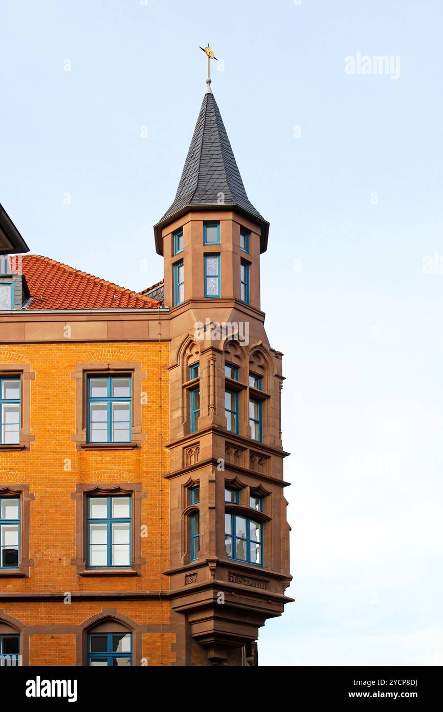 Medieval tower at building corner in Hannover Stock Photo - Alamy