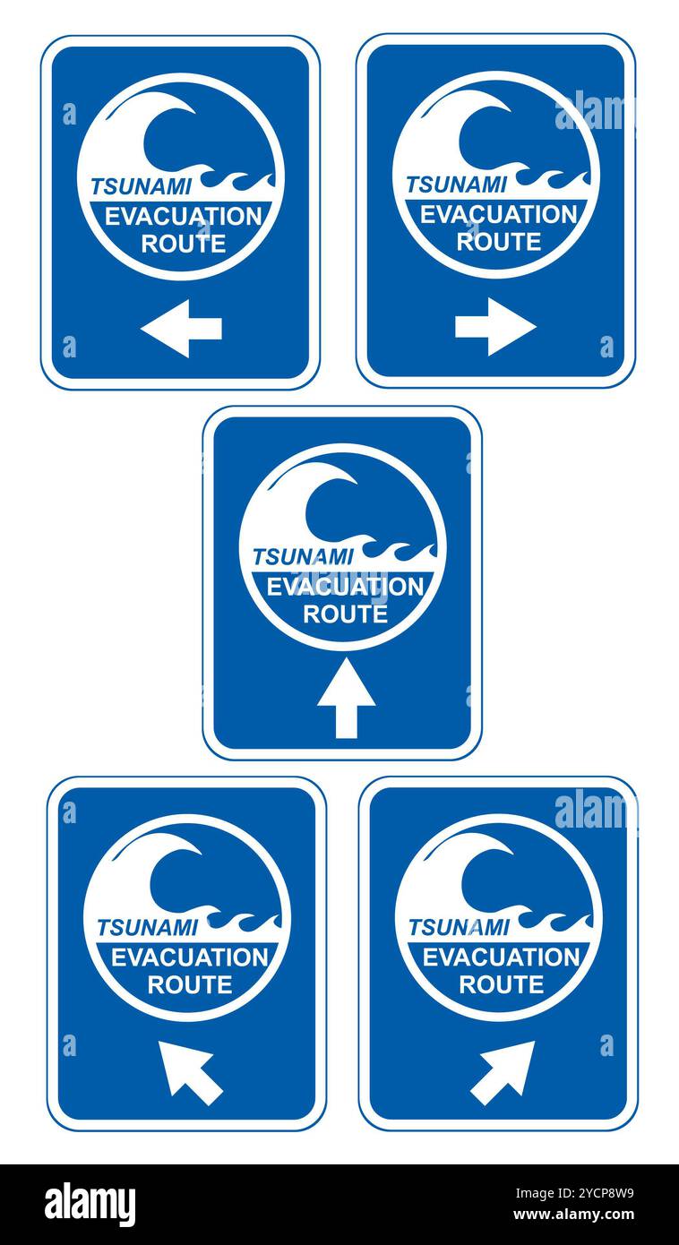 Tsunami warning signs showing evacuation route directions Stock Photo ...