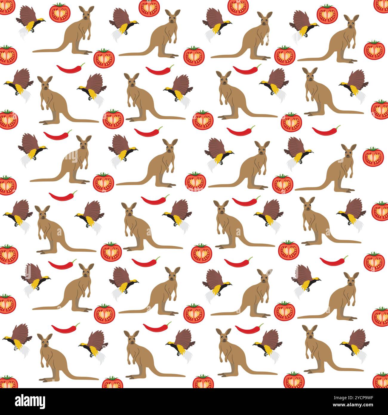 kangaroo, bird of paradise with fruit as a pattern background Stock ...
