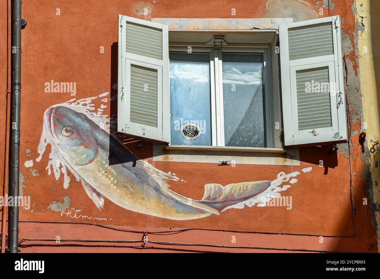 Street art depicting a big fish by Altmann on the facade of an old ...