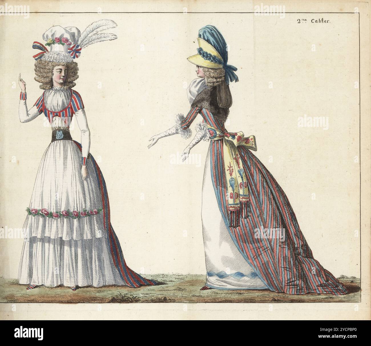 Woman in large gauze bonnet with feathers and tricolor cockade, hair in ...