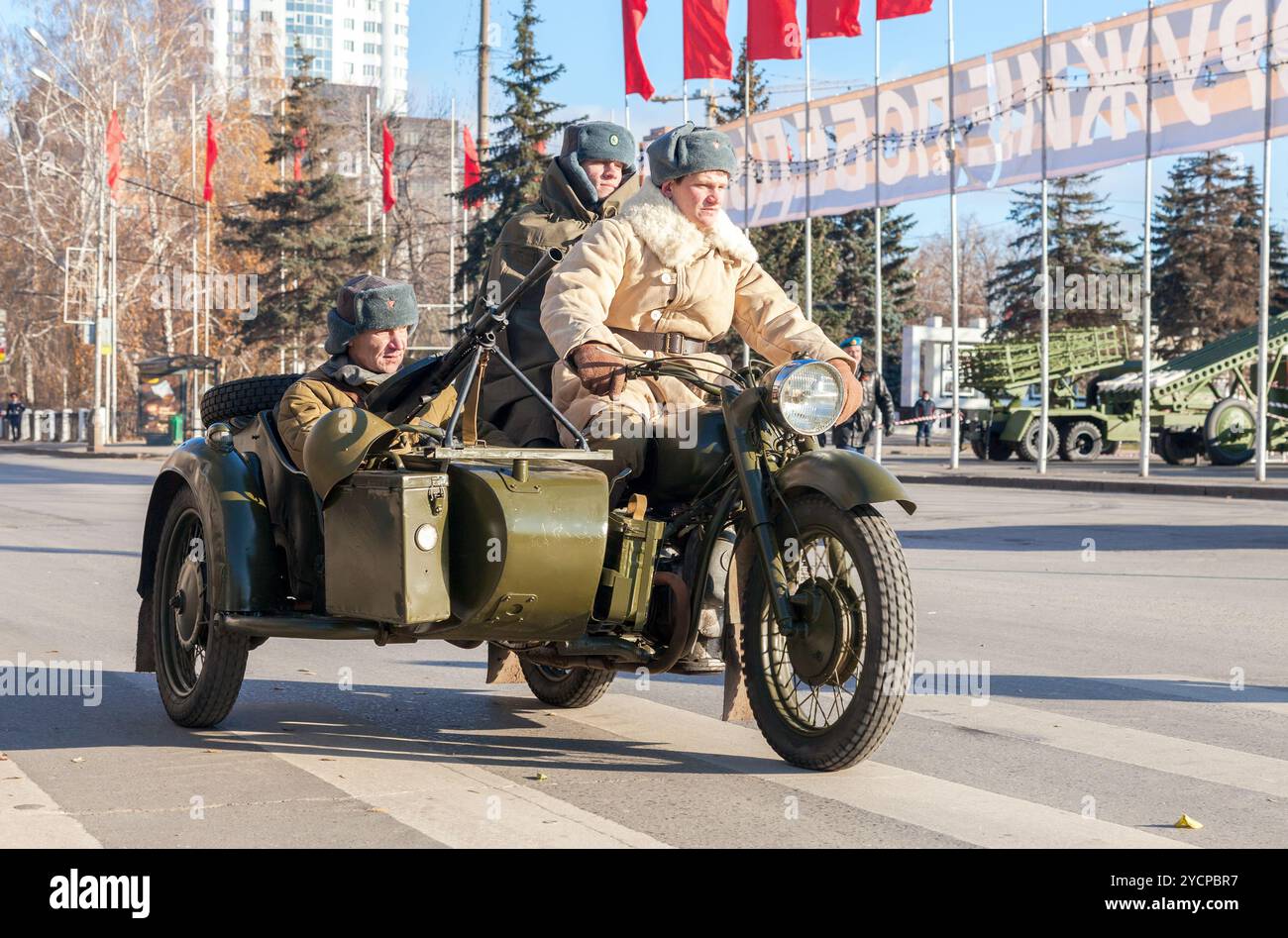 Soviet soldiers with weapons on the old army motorcycle Stock Photo - Alamy