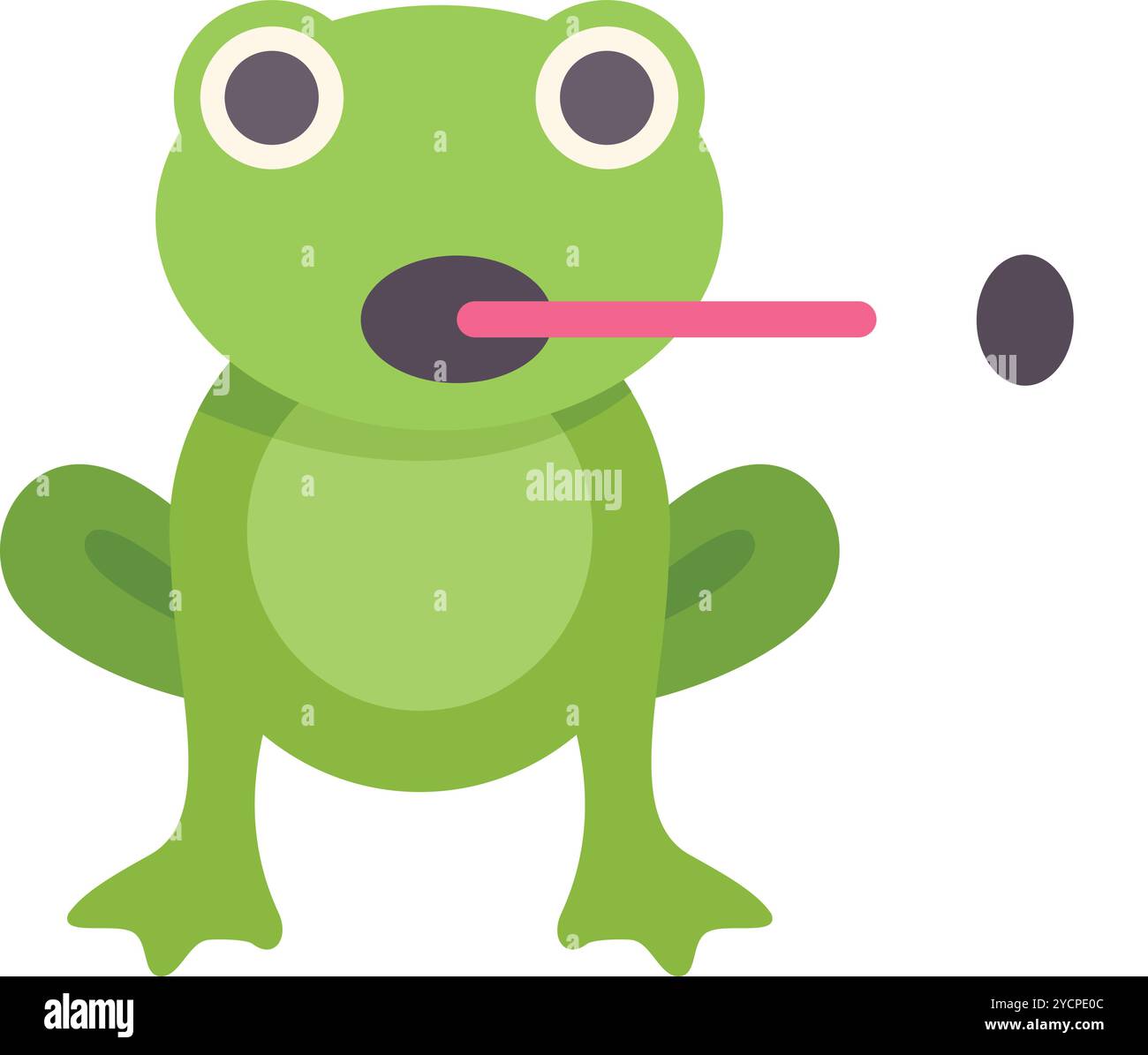 This vector illustration shows a green frog catching an insect with its ...