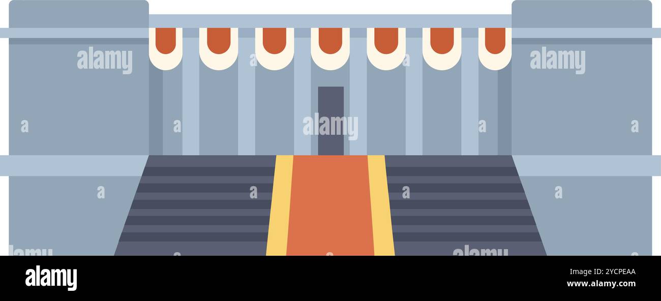 Government building facade with columns and red carpet leading to ...