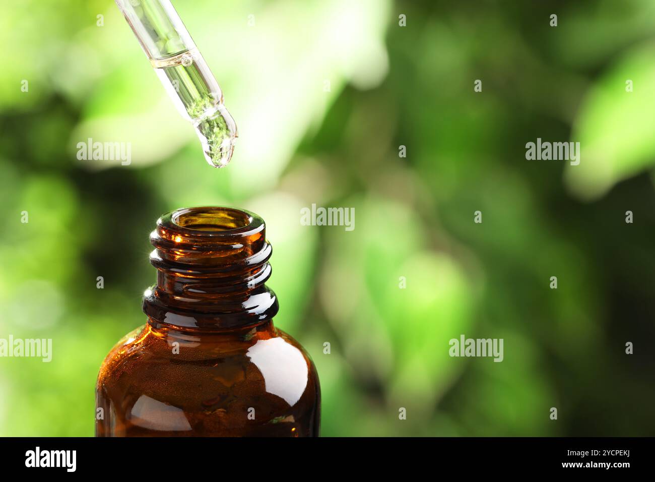 Essential oil dripping from pipette into bottle against blurred green ...