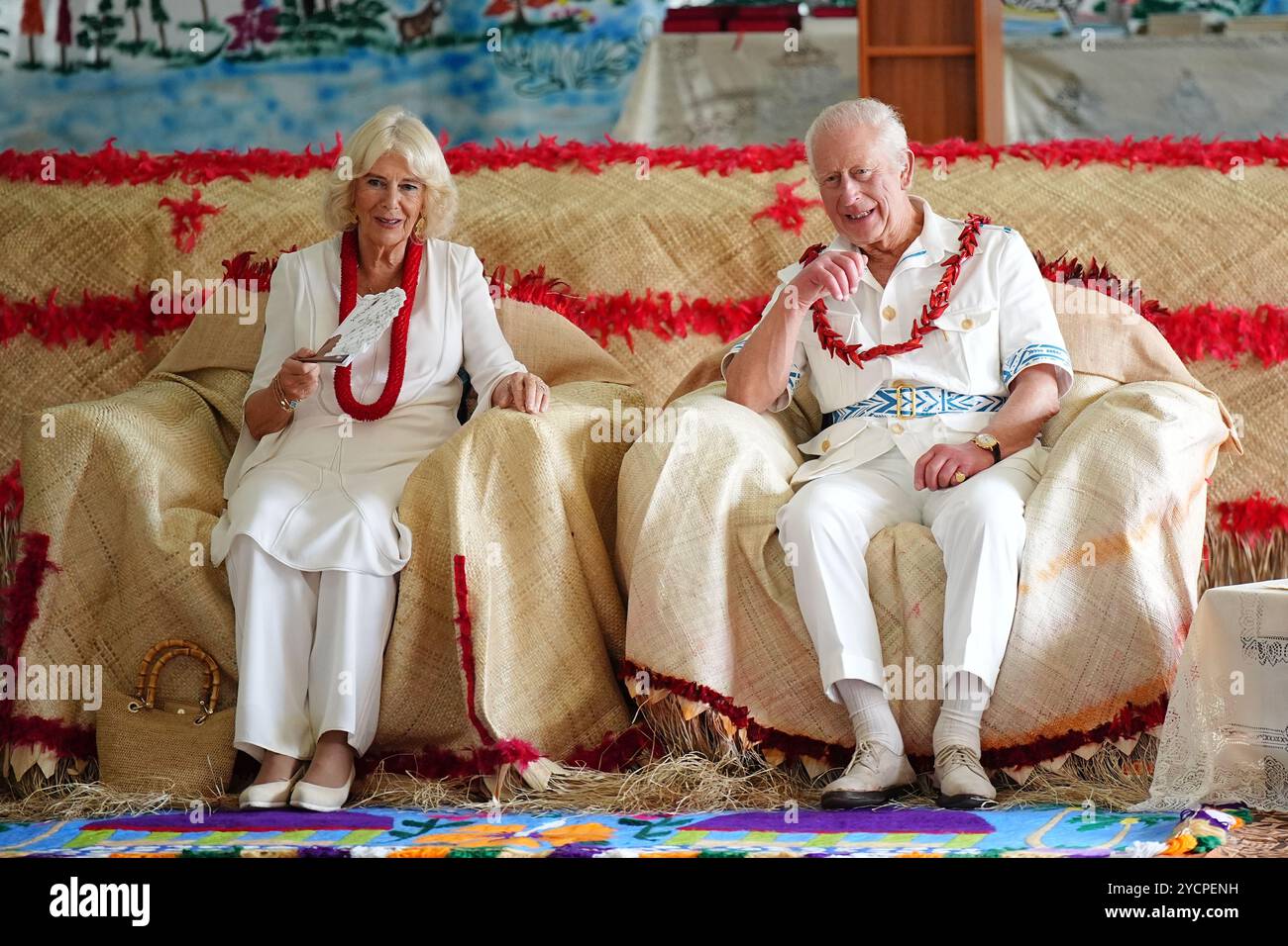 King Charles III and Queen Camilla attend the ceremonial welcome during ...