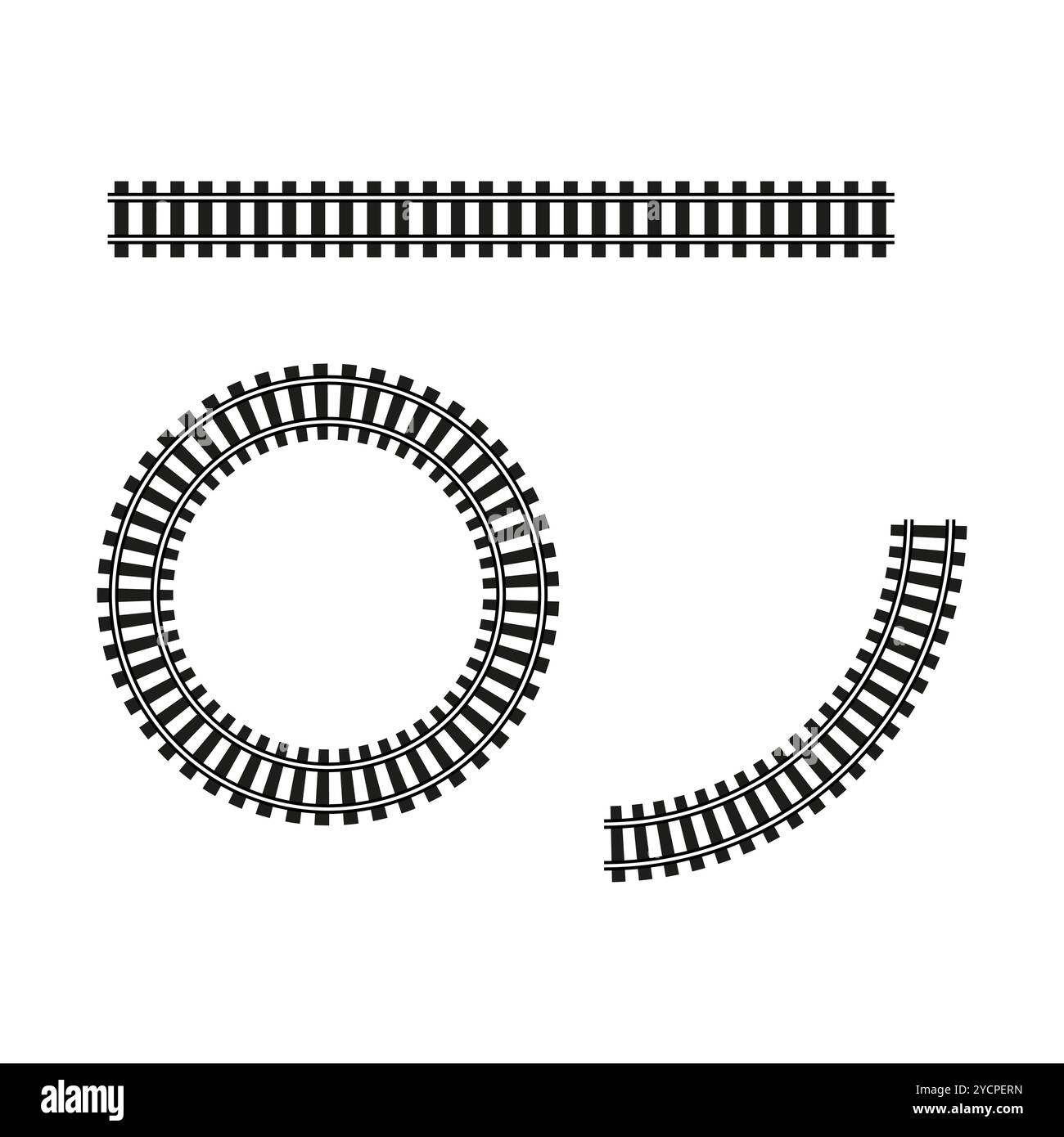 Railroad track vector icon. Circular and straight rail segments. Black railway elements. Train ...