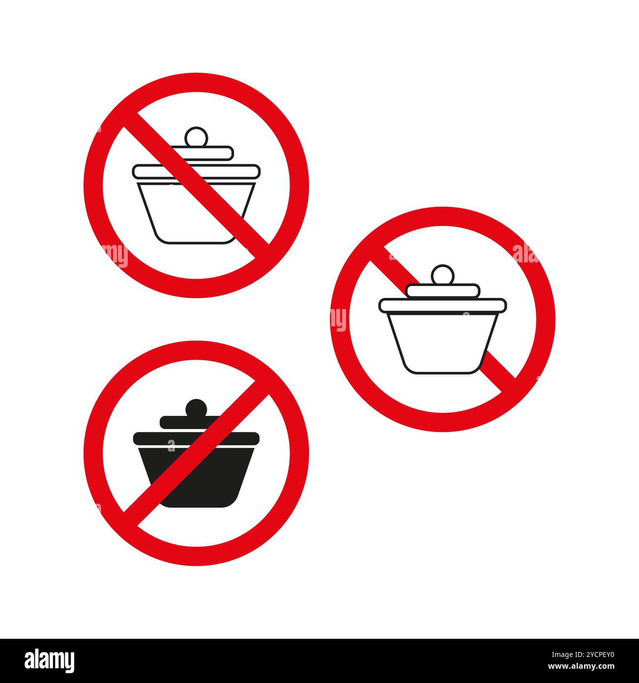 Prohibited pot icons. No cooking symbol. Vector kitchenware set. Red ...