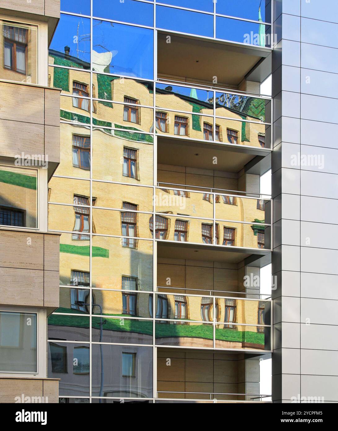 Reflection of old building at new glass facade Stock Photo - Alamy