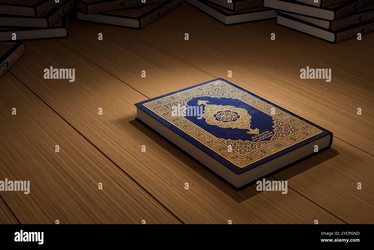 3D, Many Qurans on the wooden table, Islamic concept - The Holy Al ...