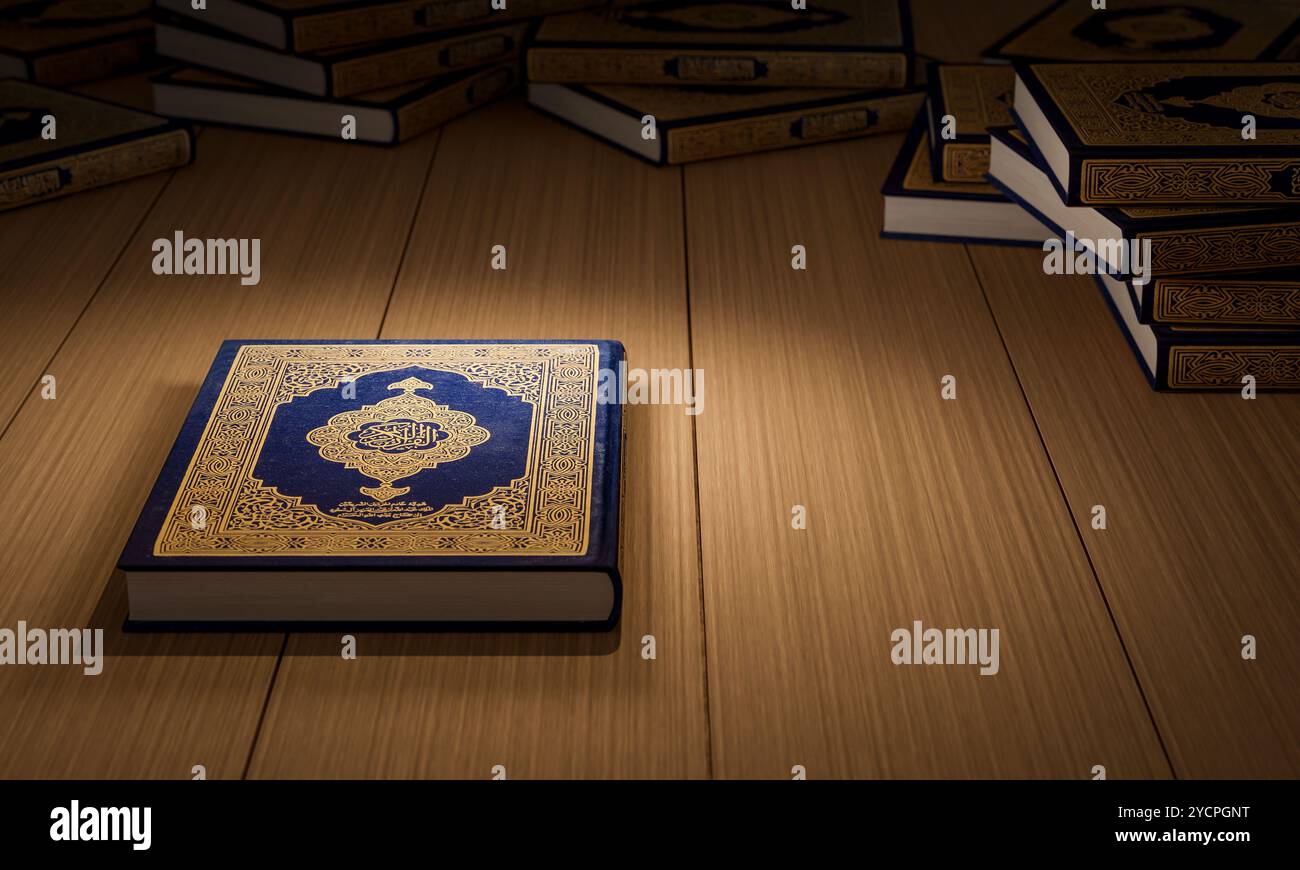 3D, Many Qurans on the wooden table, Islamic concept - The Holy Al ...