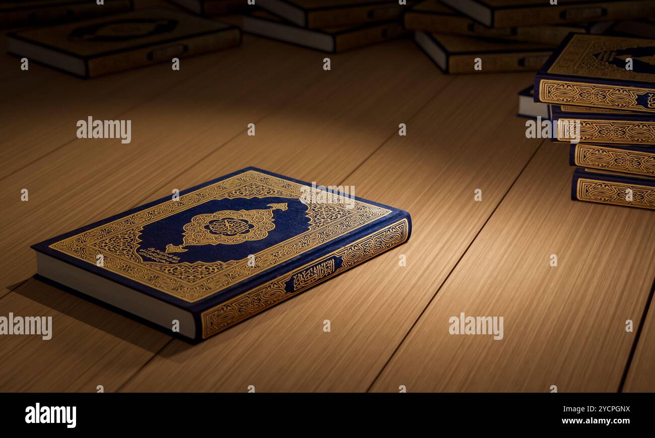 3D, Many Qurans on the wooden table, Islamic concept - The Holy Al ...