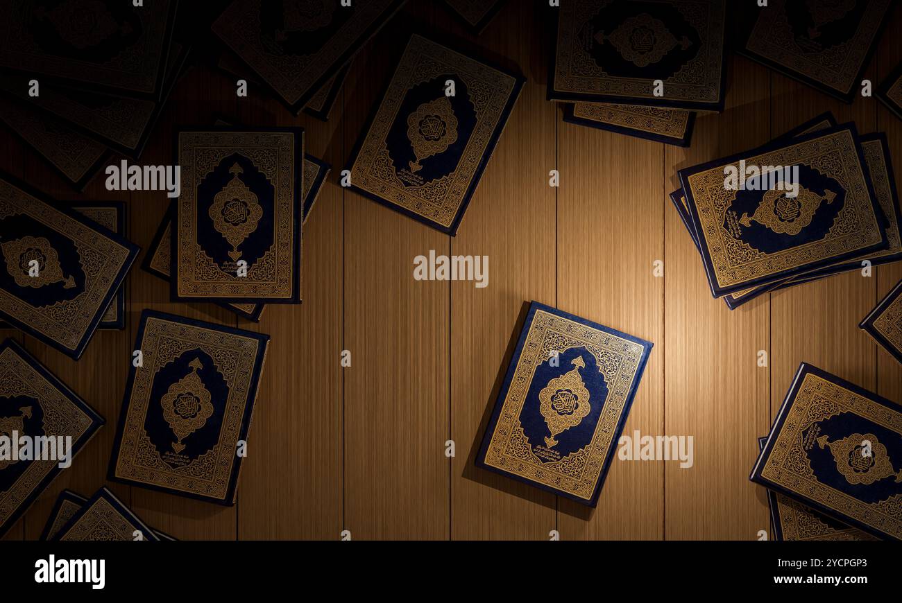 3D, Many Qurans on the wooden table, Islamic concept - The Holy Al ...