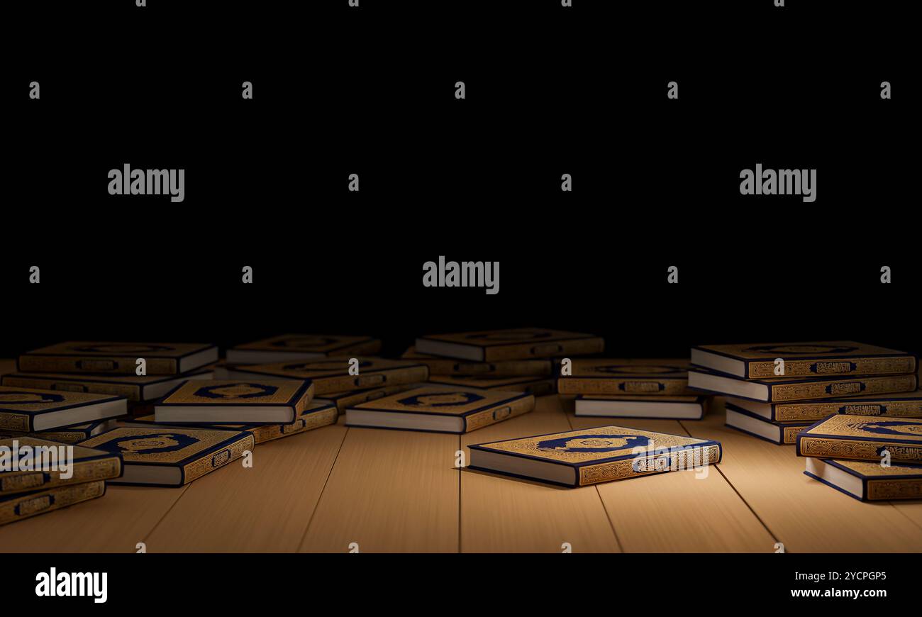 3D, Many Qurans on the wooden table, Islamic concept - The Holy Al ...