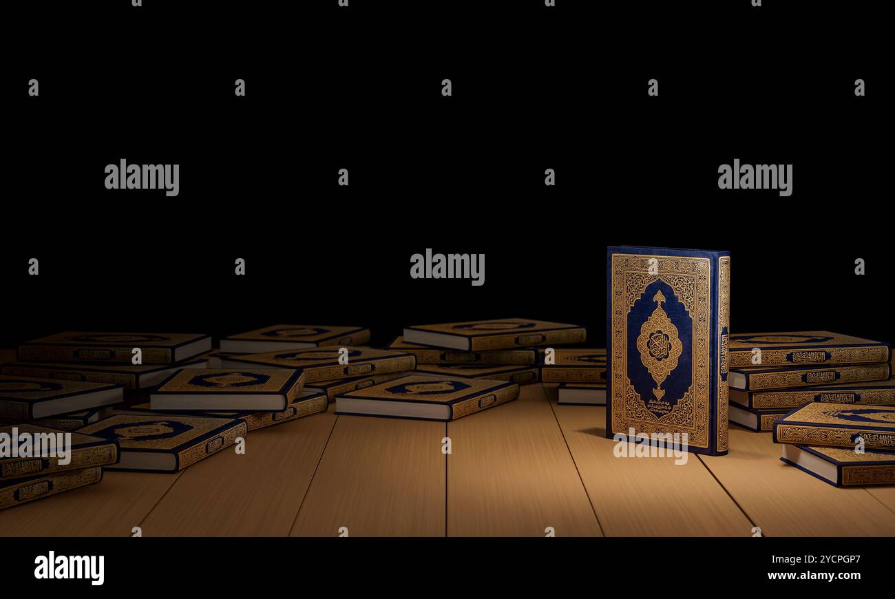 3D, Many Qurans on the wooden table, Islamic concept - The Holy Al ...