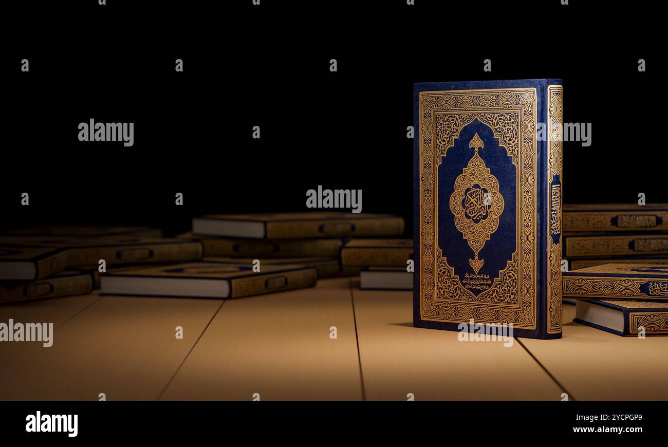 3D, Many Qurans on the wooden table, Islamic concept - The Holy Al ...