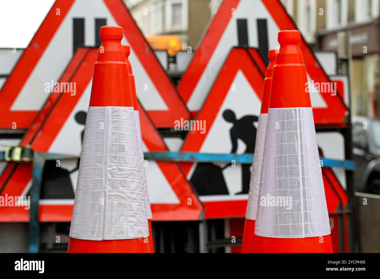 Traffic signs and cone at construction site road works industry hi-res ...