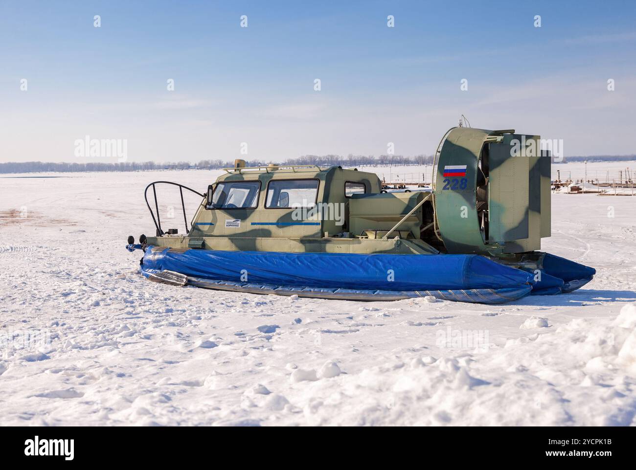Hovercraft on the ice of the frozen Volga River in Samara Stock Photo ...