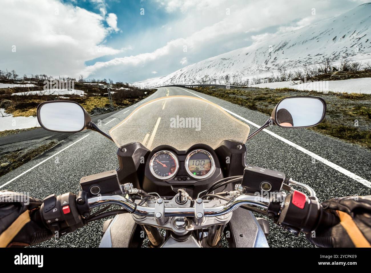 Biker First-person view, mountain serpentine Stock Photo - Alamy