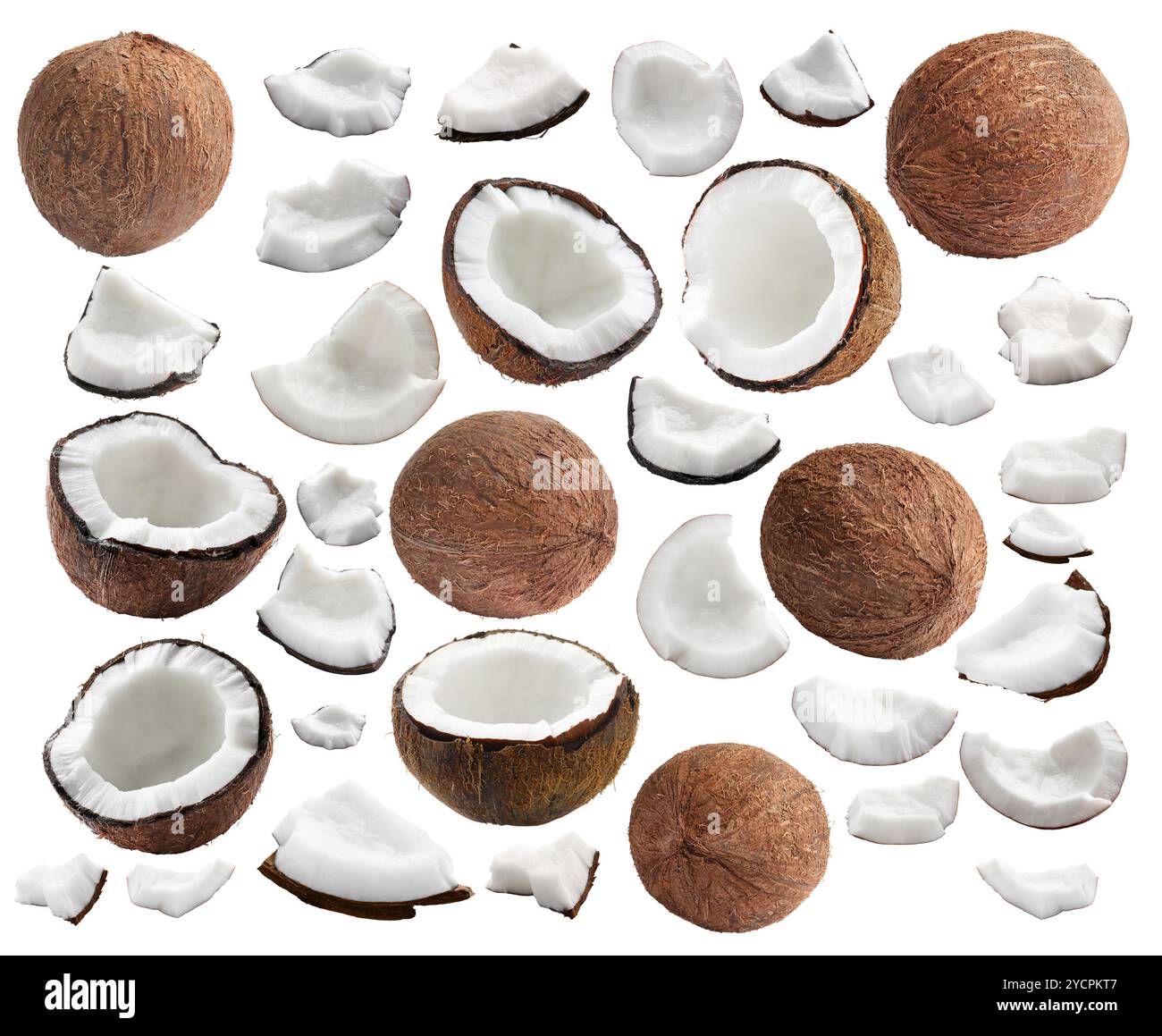 Coconuts isolated on white, collage. Whole and pieces Stock Photo - Alamy