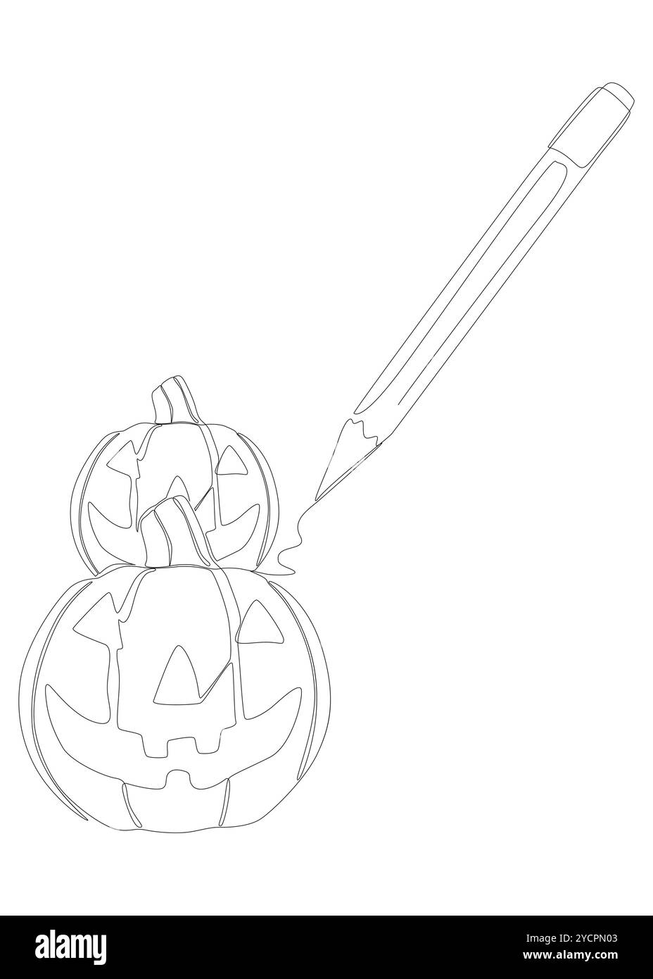 One continuous line of Jack O' Lantern drawn by with felt tip pen. Thin ...