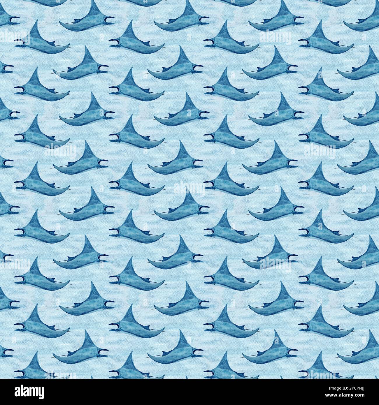 Manta ray wave watercolor seamless pattern on blue background. High ...