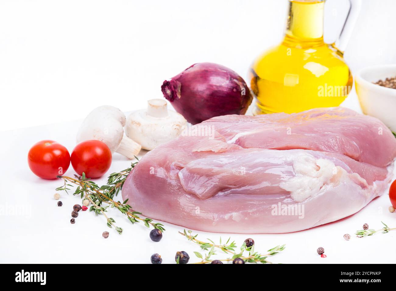 uncooked raw turkey fillet with serving spices on white background ...