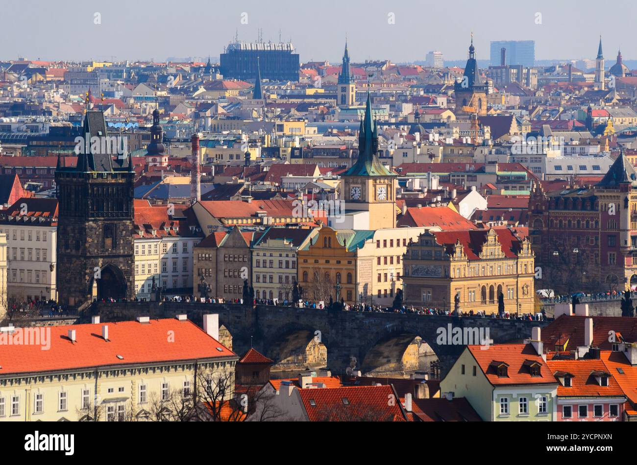 panoramic view on Charles bridge and Prague old town from above, Czech ...