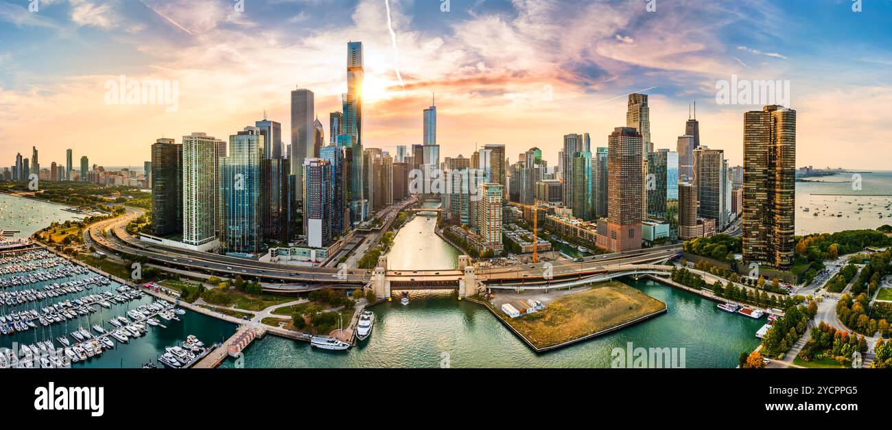 Aerial panorama of Chicago, Illinois skyline at sunset as viewed from ...