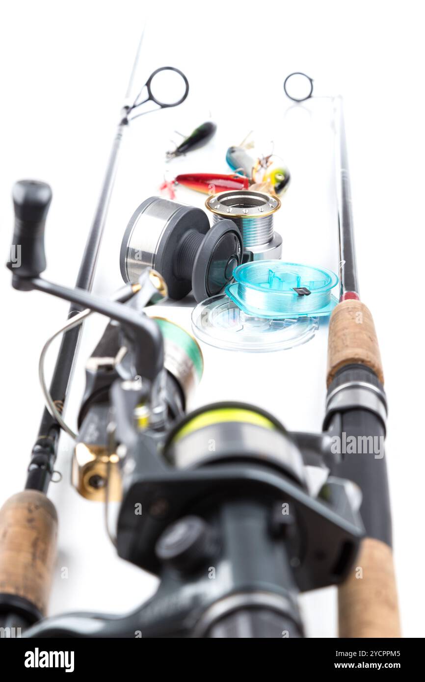 Fishing tackles - rod, reel, line and lures Stock Photo - Alamy